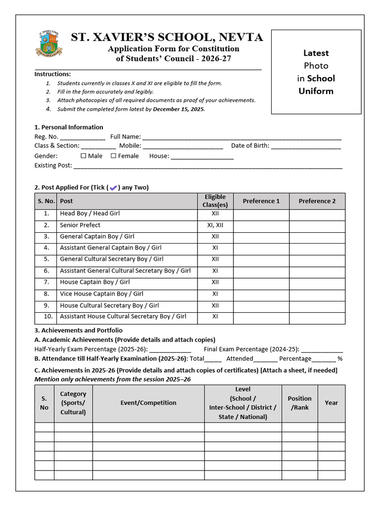 St. Xavier's School Student Council Application | PDF