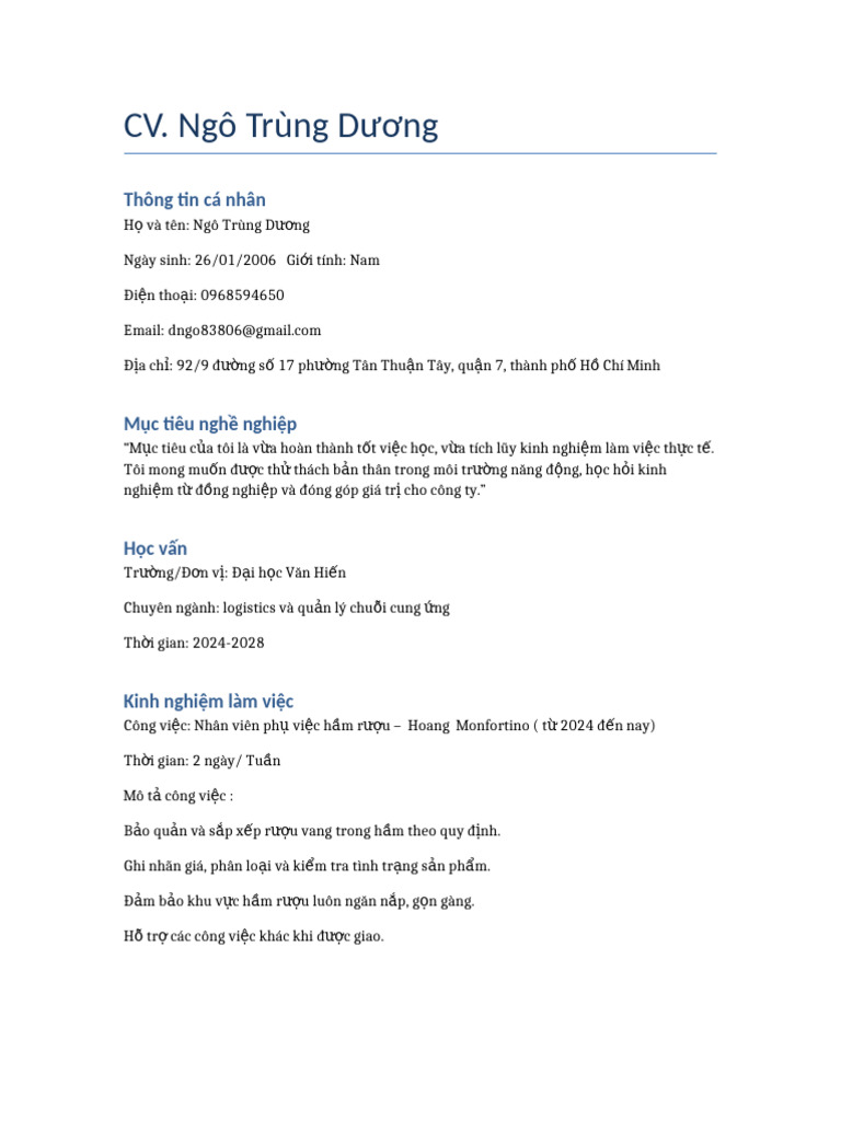 CV. Ngô Trùng Dương: Thông Tin Cá Nhân | PDF
