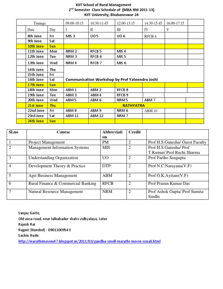 KIIT MBA-RM 2nd Semester Schedule | PDF