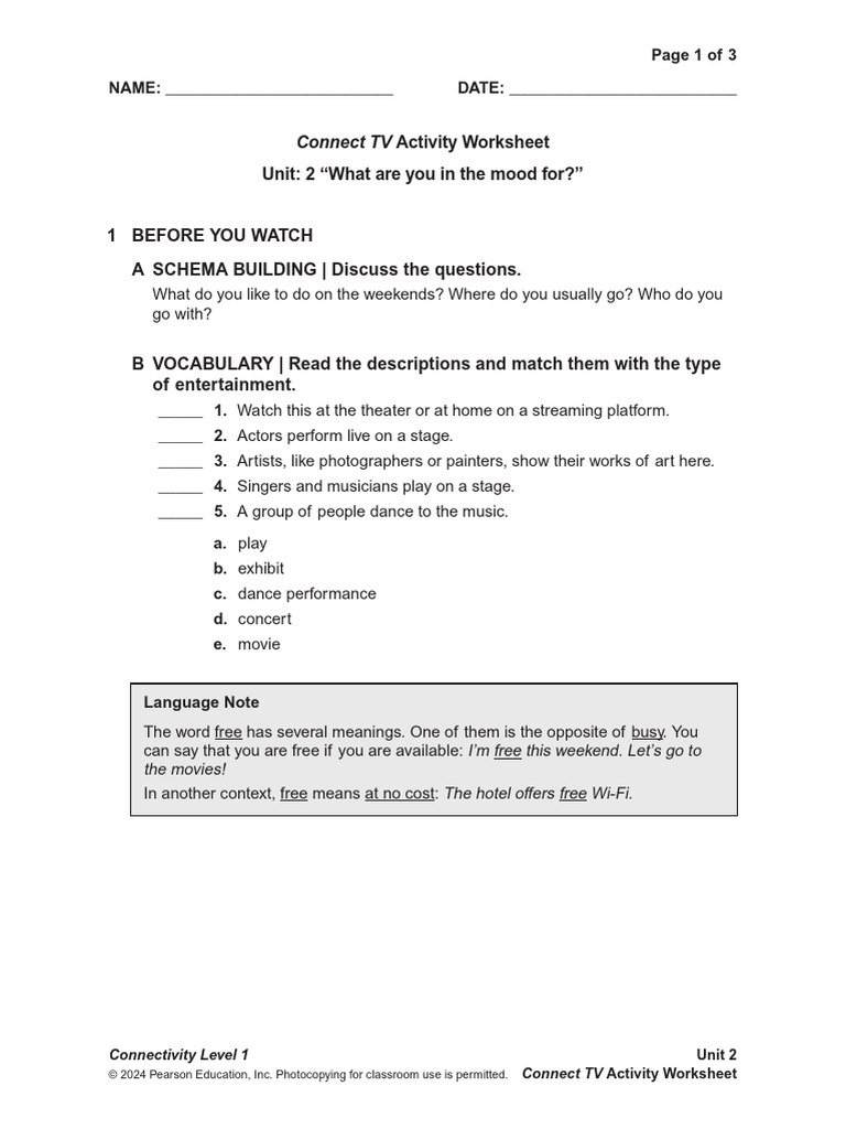CTY1 Connect TV Worksheet Unit 2 | PDF