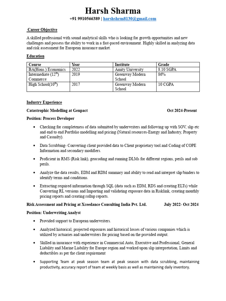 Harsh Sharma Cv 1 | PDF | Insurance