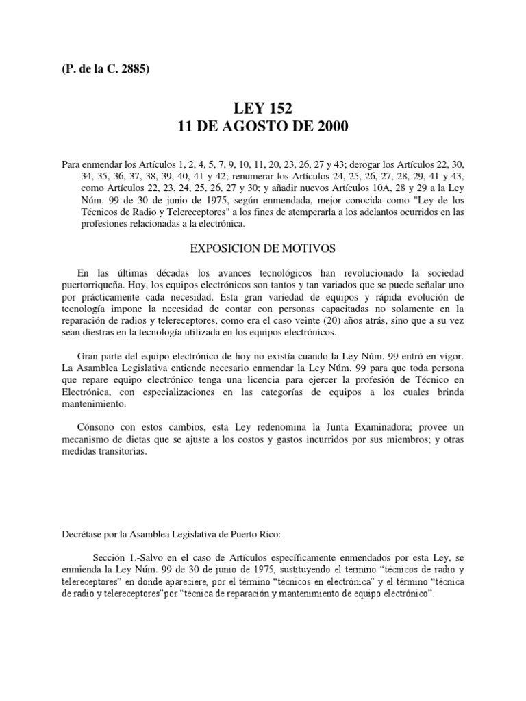 Ley de Técnicos en Electrónica de Puerto Rico Ley 152 Ano 2000 | PDF ...