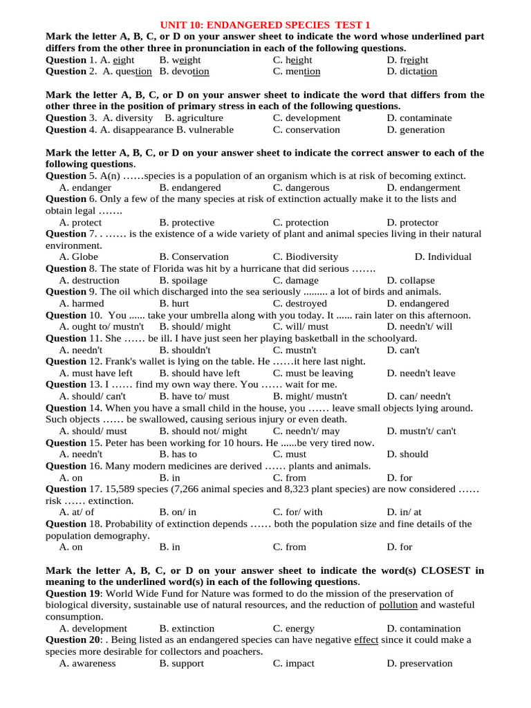 Endangered Species Test Questions | PDF | Endangered Species ...