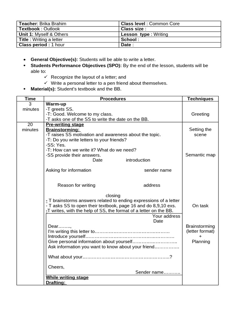 Unit 1 Writing Lesson Plan C.C (1) | PDF | Human Communication | Learning