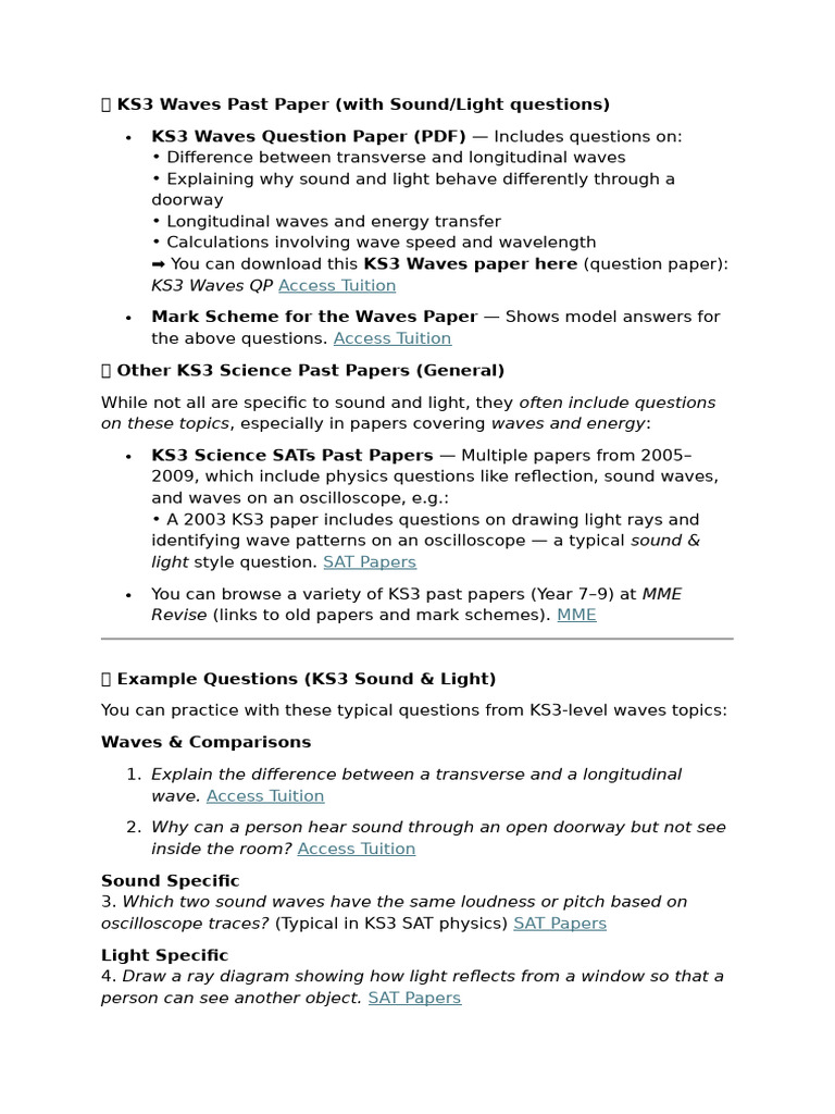 KS3 Waves Past Paper: Sound & Light | PDF