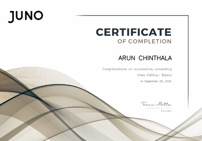 Juno Certificate Arun Chinthala Video Editing - Basics | PDF