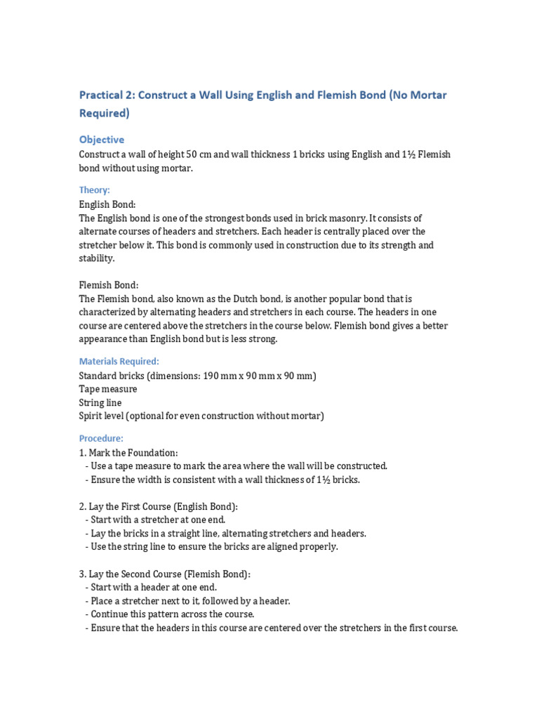 Practical 2 - Construct A Wall Using English and Flemish Bond (No ...