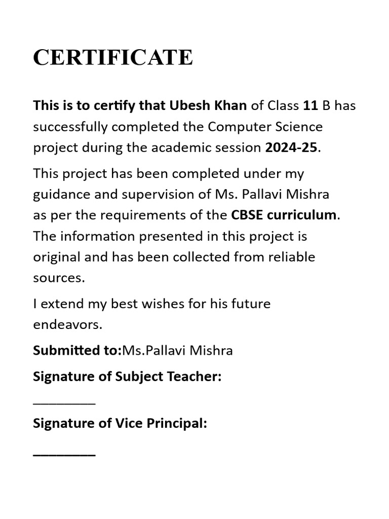 Class 11 Computer Science Project Certificate | PDF