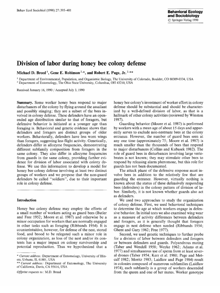 Honey Bee Division of Labor in Defense | PDF | Honey Bee | Bees