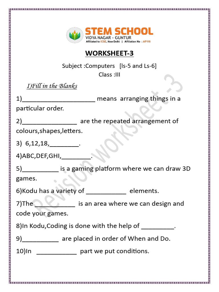 Computers Worksheet for Class III | PDF