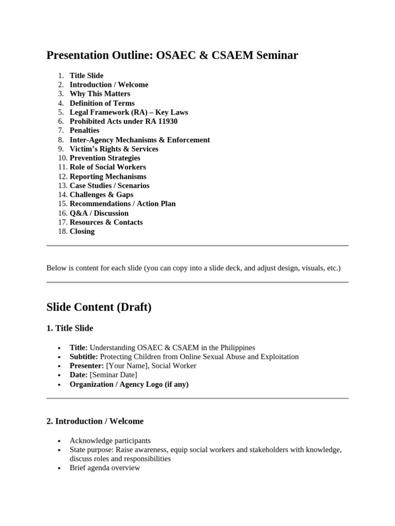 OSAEC & CSAEM Seminar Overview | PDF | Human Trafficking | Social Ethics