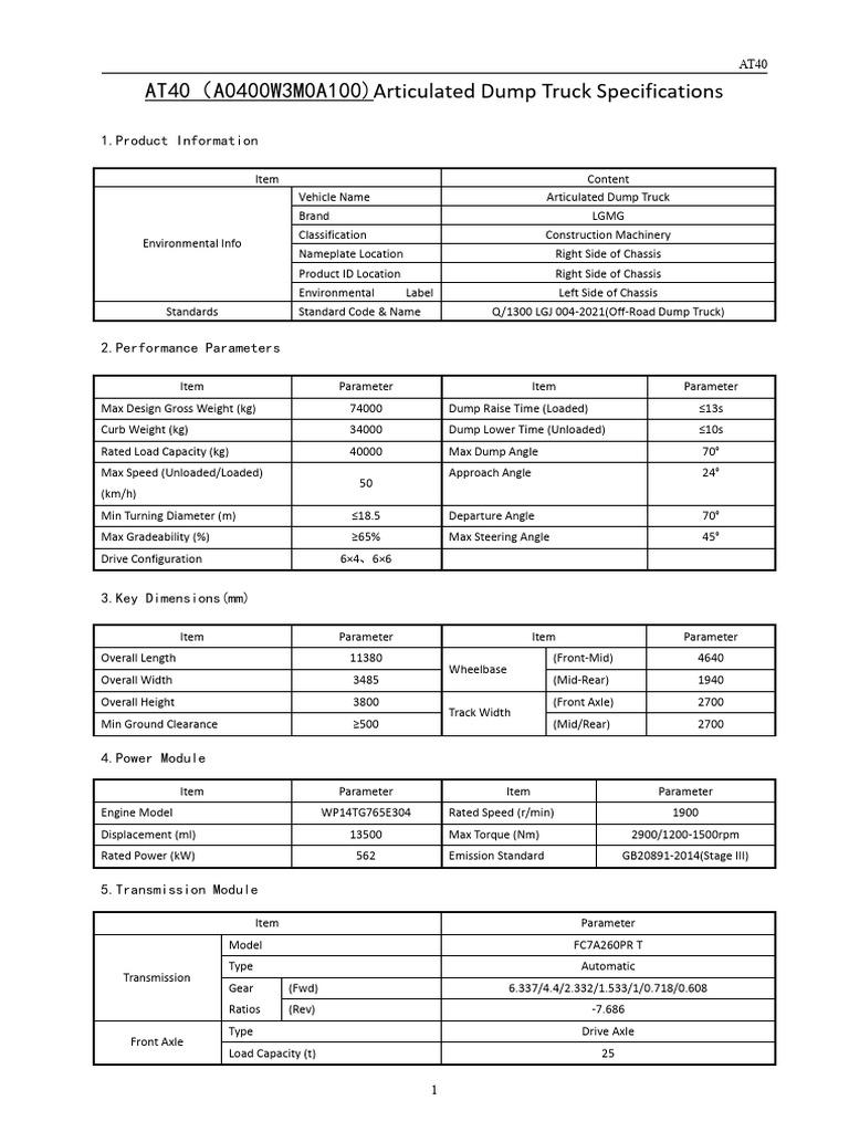 AT40 Specifications | PDF | Truck | Axle