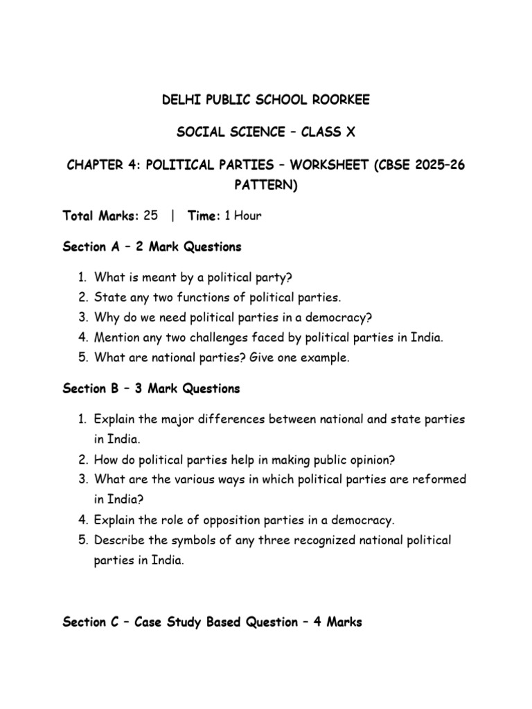 Resource 20251024102307 CL X Pol - Sc. Political Parties Worksheet | PDF