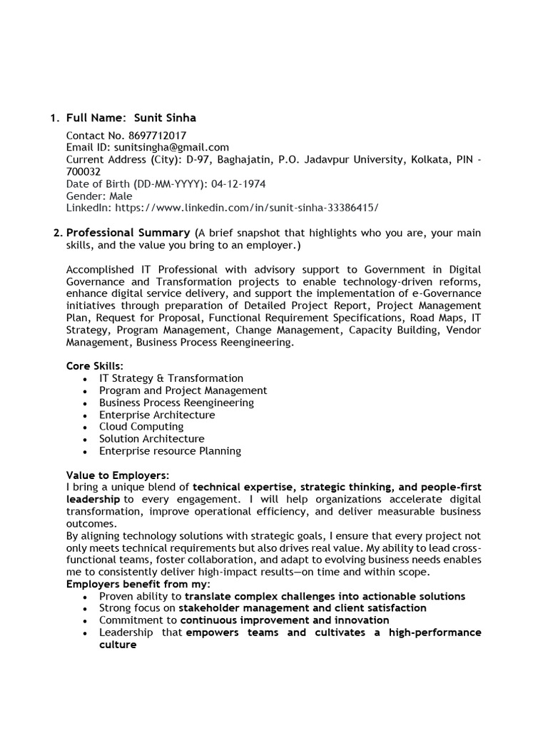 Sunit Sinha: IT Project Manager CV | PDF | Project Management ...