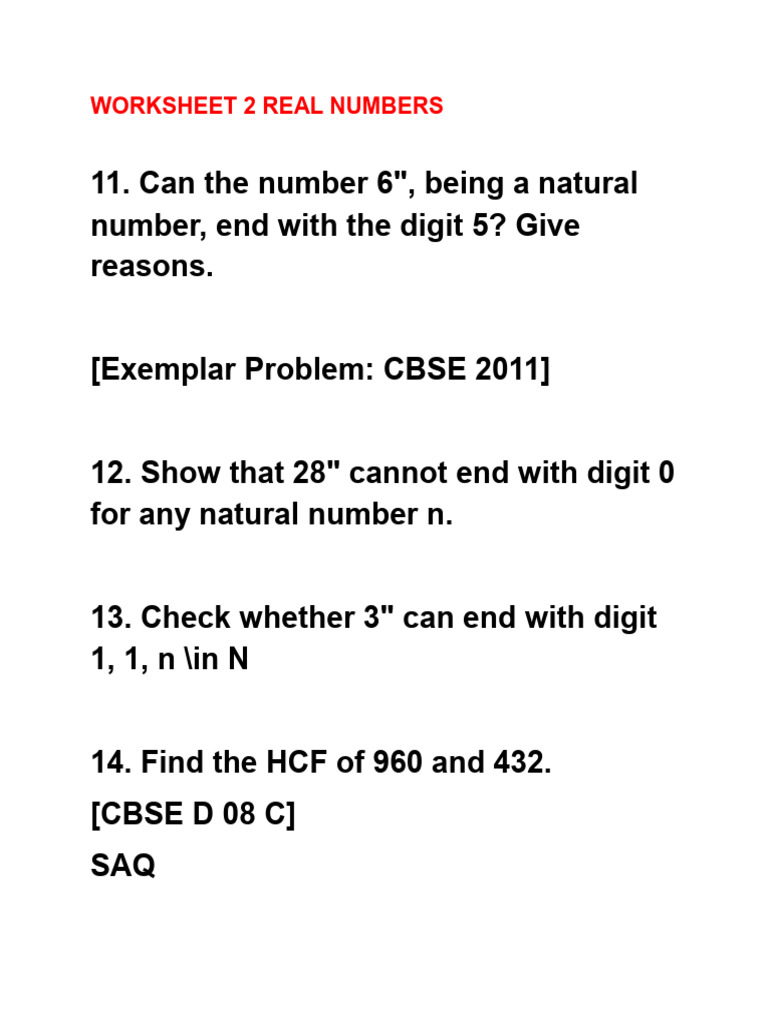 Real Numbers Worksheet: HCF, LCM, Irrationality | PDF | Numbers ...