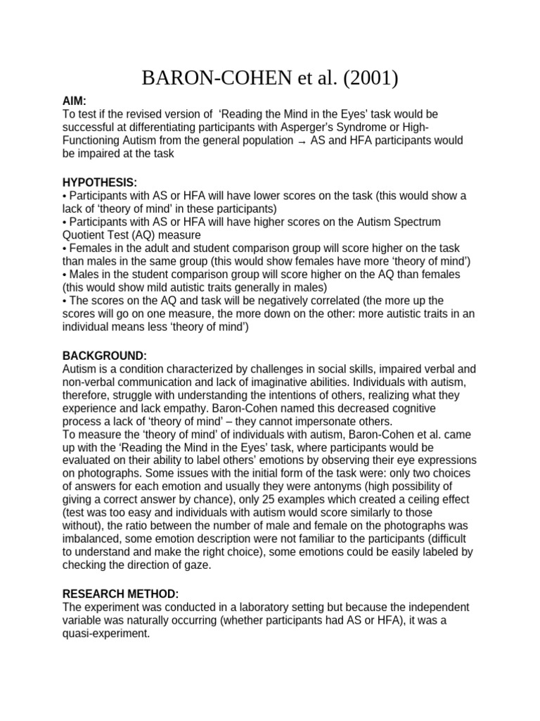 Baron Cohen | PDF | Theory Of Mind | Autism