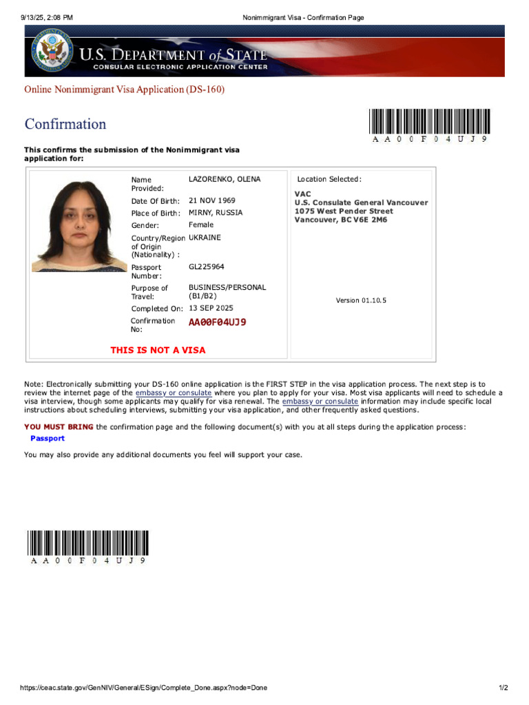 Nonimmigrant Visa - Confirmation Page - OlenaL | PDF