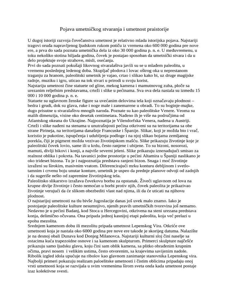 Pojava Umetničkog Stvaranja I Umetnost Praistorije | PDF