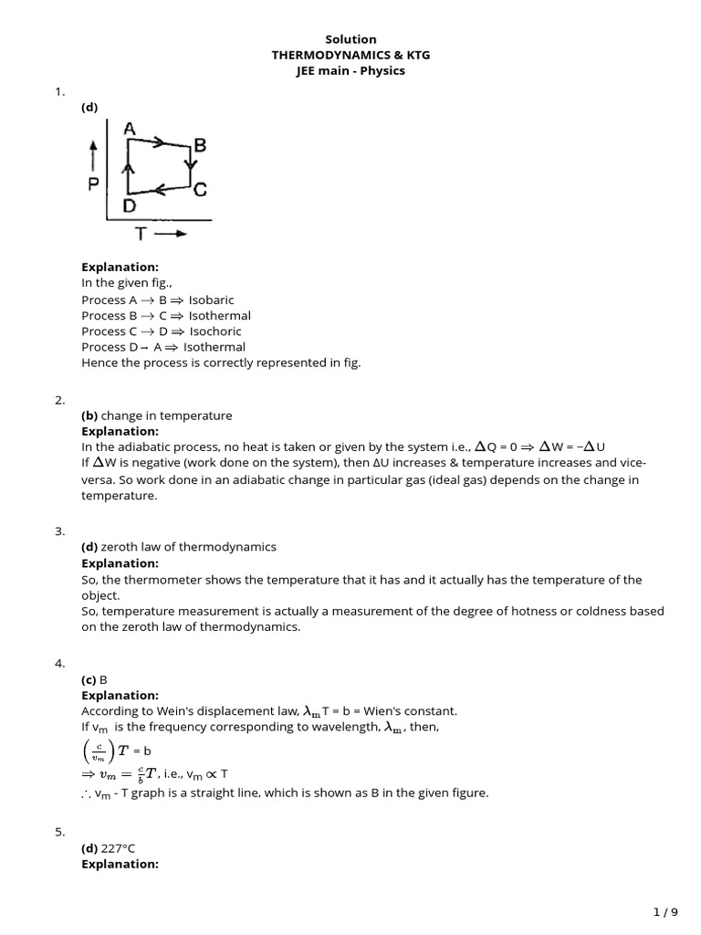 Class 11 JEE Thermodynamics & KTG Solutions | PDF | Temperature | Gases