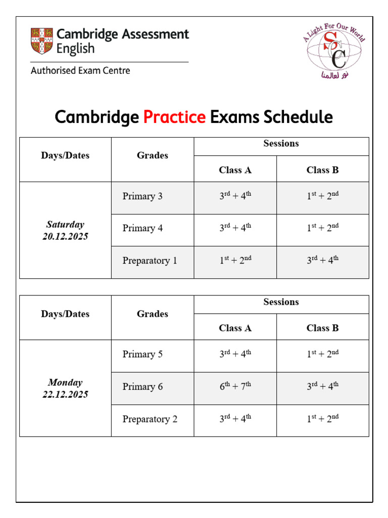 Cambridge Practice Exams Schedule | PDF