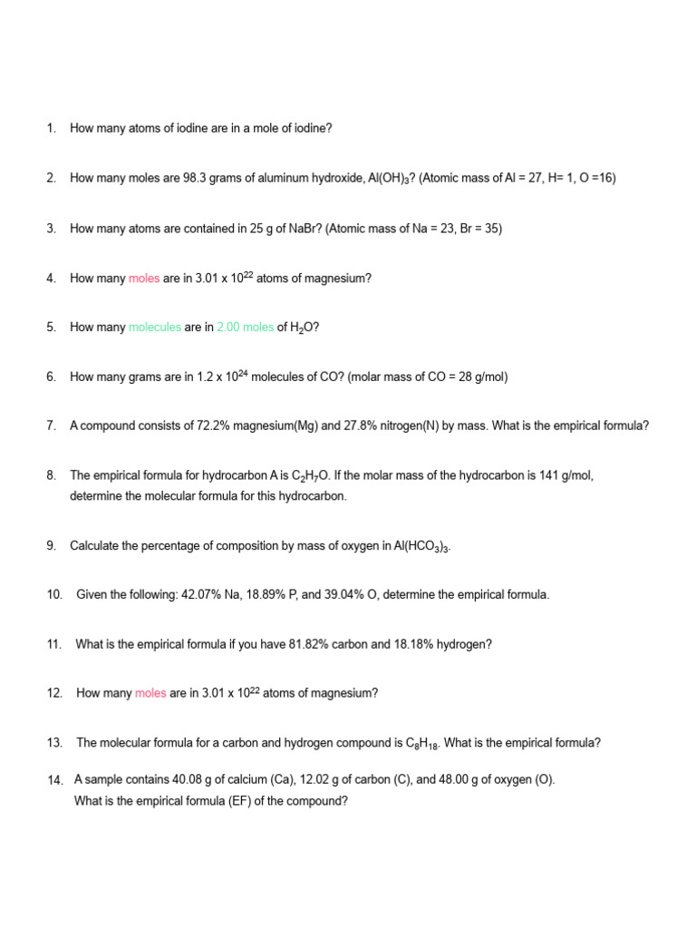 Chemical Quantities Worksheet | PDF | Mole (Unit) | Sodium Hydroxide
