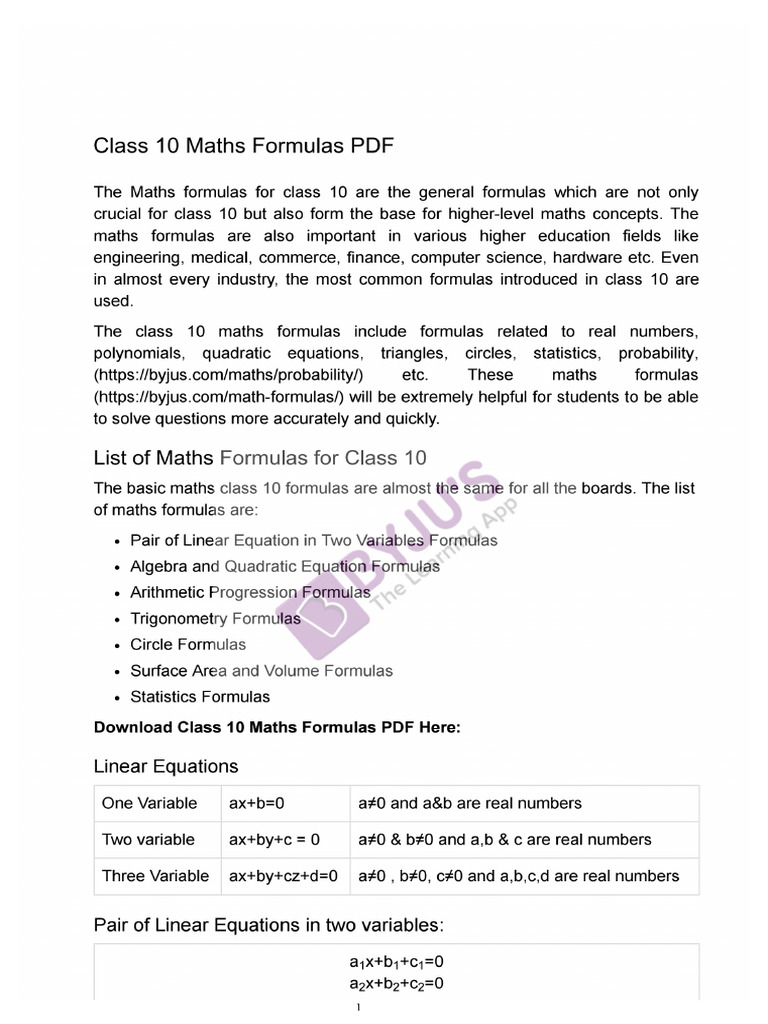 Maths Formulas For Class 10 PDF | PDF