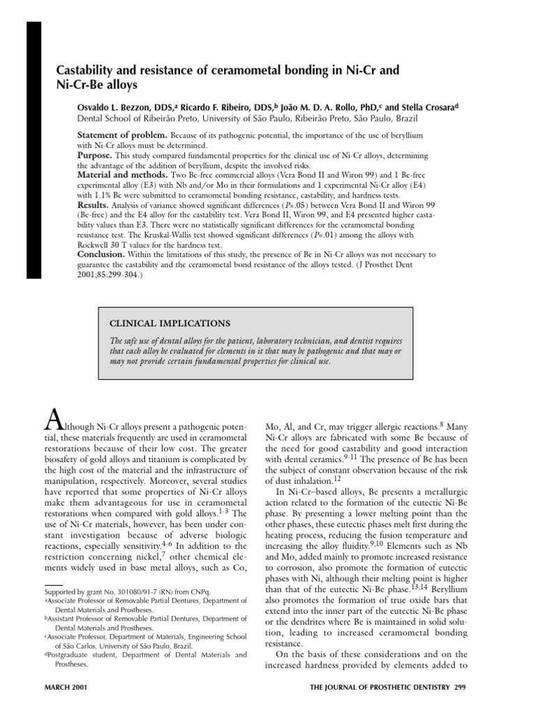 Castability and Resistance of Ceramometal Bonding in Ni-Cr and Ni-Cr-Be ...