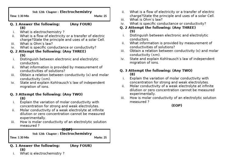 12th chemistry Test on electro chemistry | PDF | Electrochemistry ...