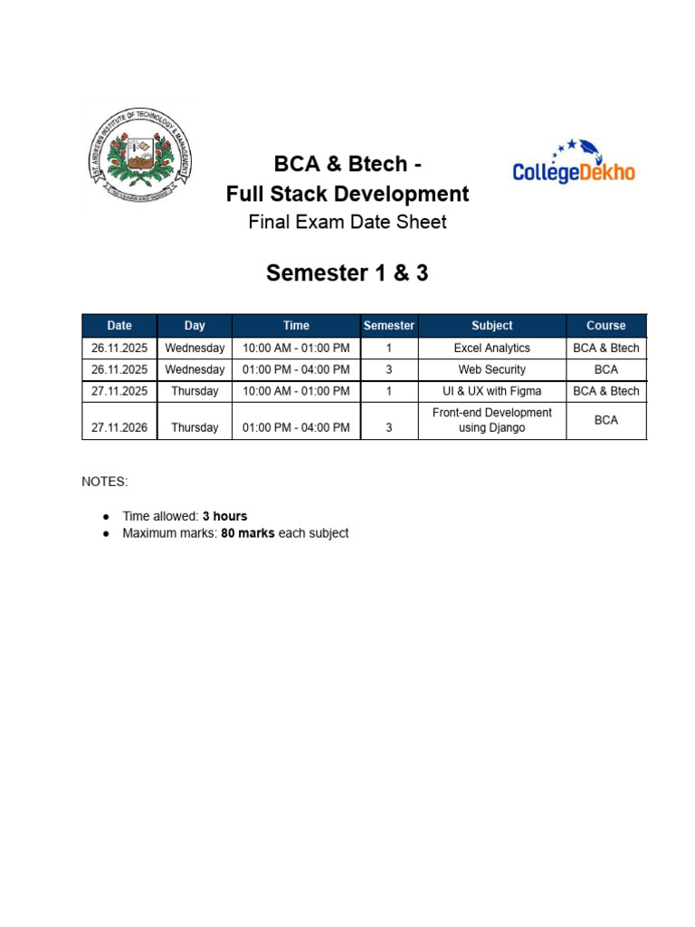 Date Sheet - Final BBA FSD | PDF