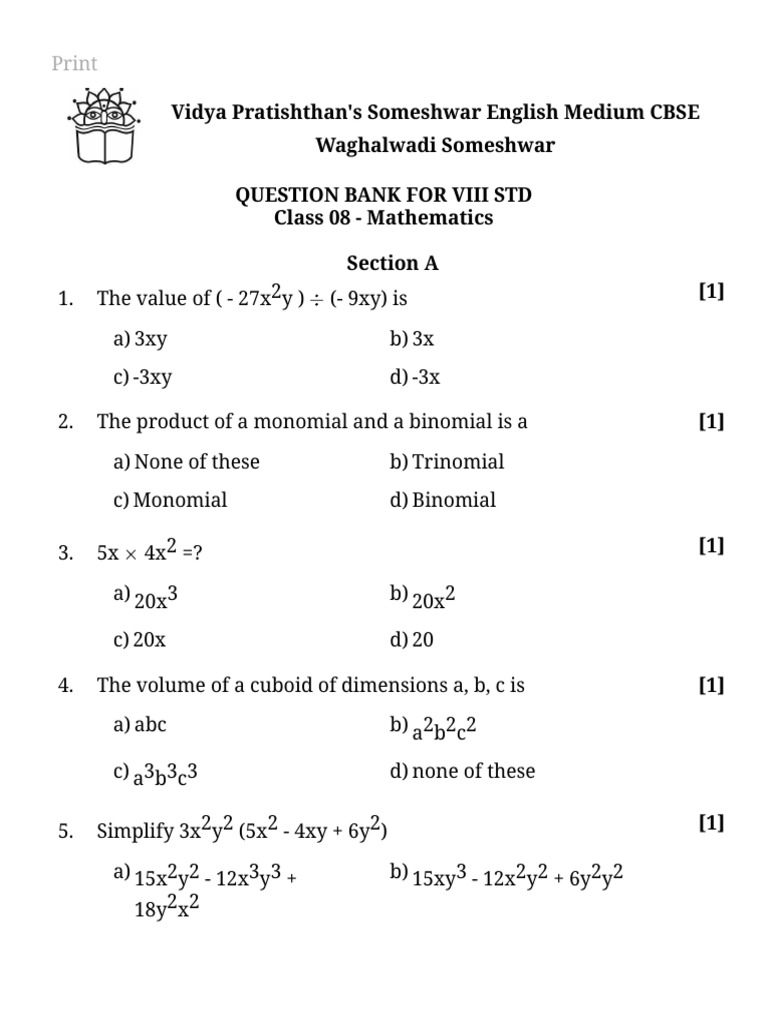 Class 8 Mathematics Question Bank | PDF | Area | Volume