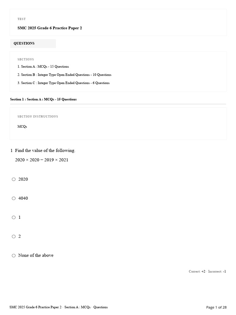 SMC Grade 6 Practice Paper 2 (1) | PDF | Multiple Choice | Circle