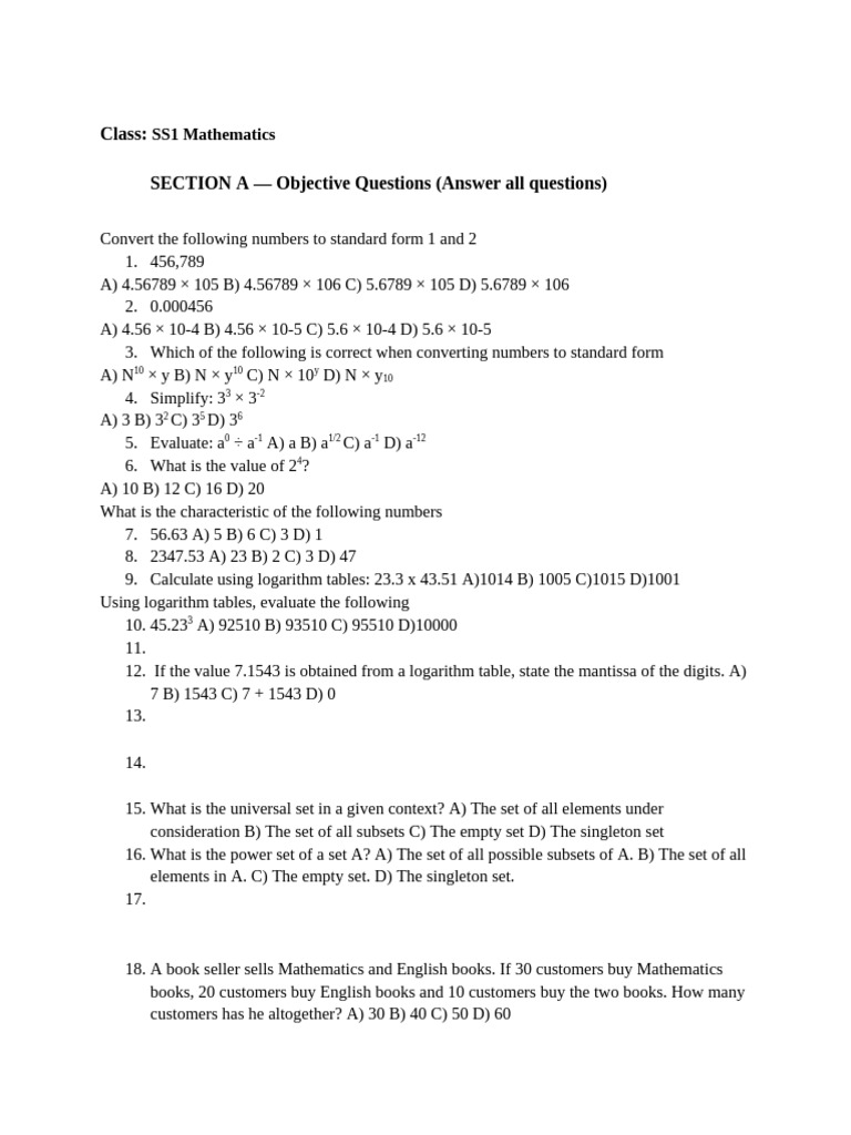 SS1 Questions | PDF | Numbers | Mathematics