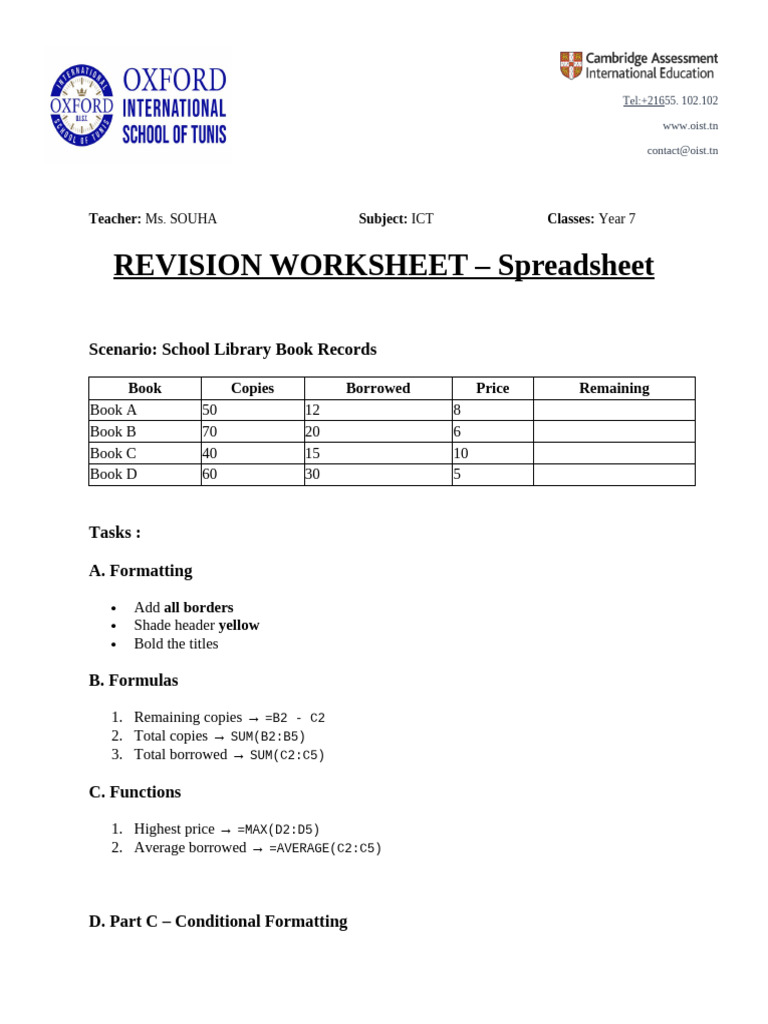 Year 7 ICT Spreadsheet Revision Guide | PDF