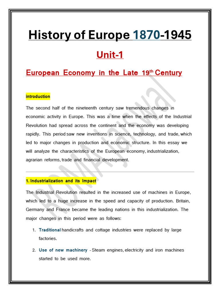 Unit - 1 European Economy in The Late 19th Century | PDF | Recession ...