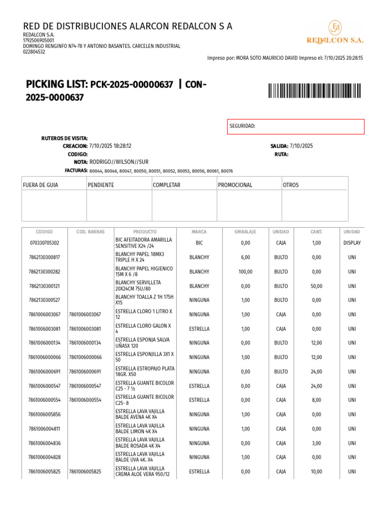 Picking List: - : PCK-2025-00000637 Con-2025-0000637 | PDF