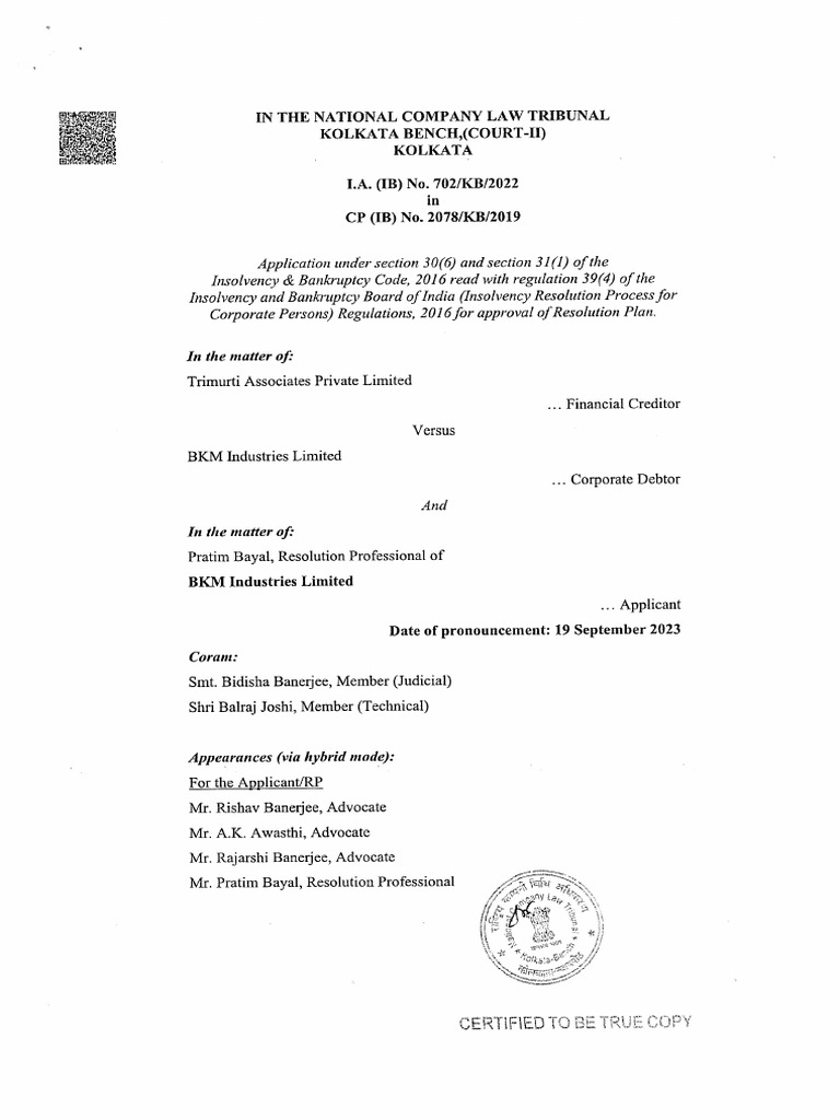 BKM Certified Order Copy Approval of Resolution Plan | PDF