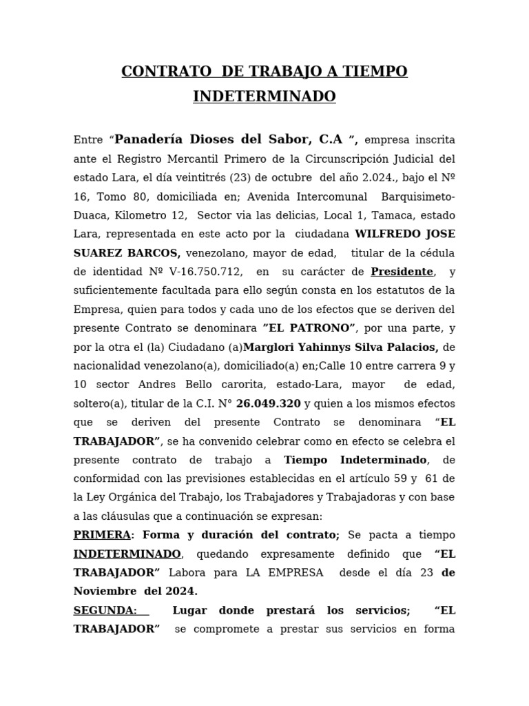 Contrato de Trabajo. Tiempo Indeterminado - Marglori | PDF | Salario ...