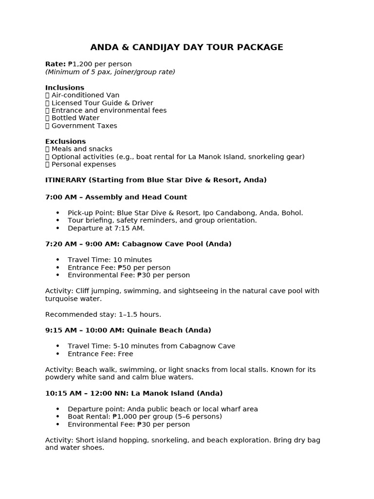 Anda Candijay Tour Itinerary | PDF | Cuisine