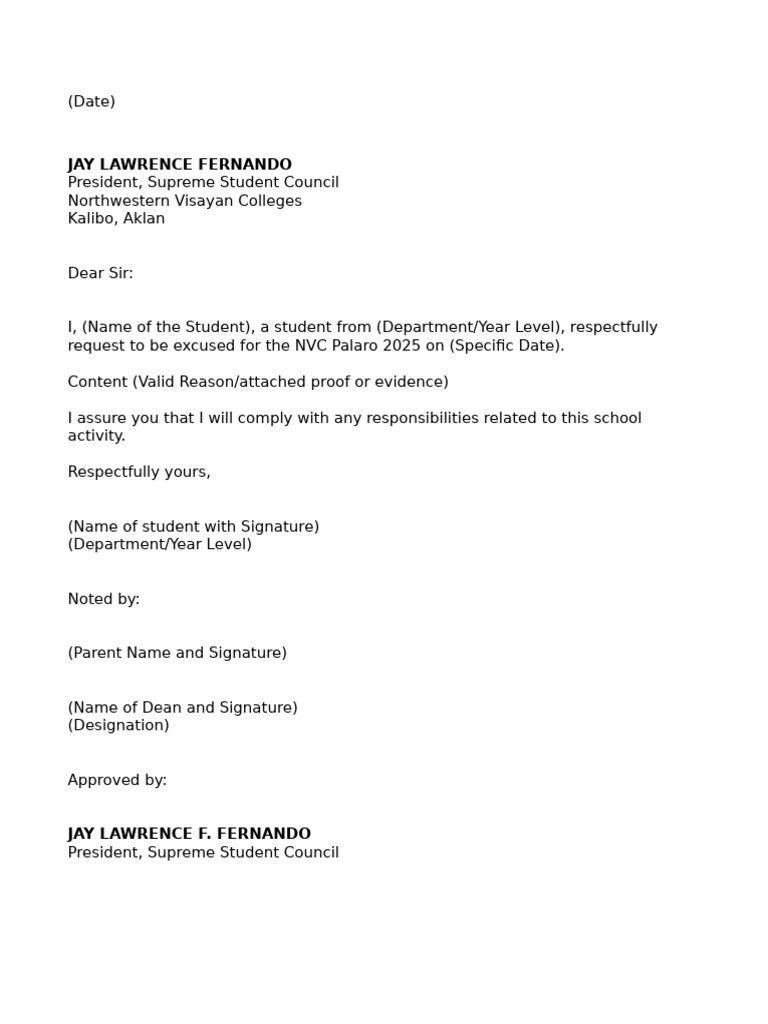 Student Request for NVC Palaro Excusal | PDF