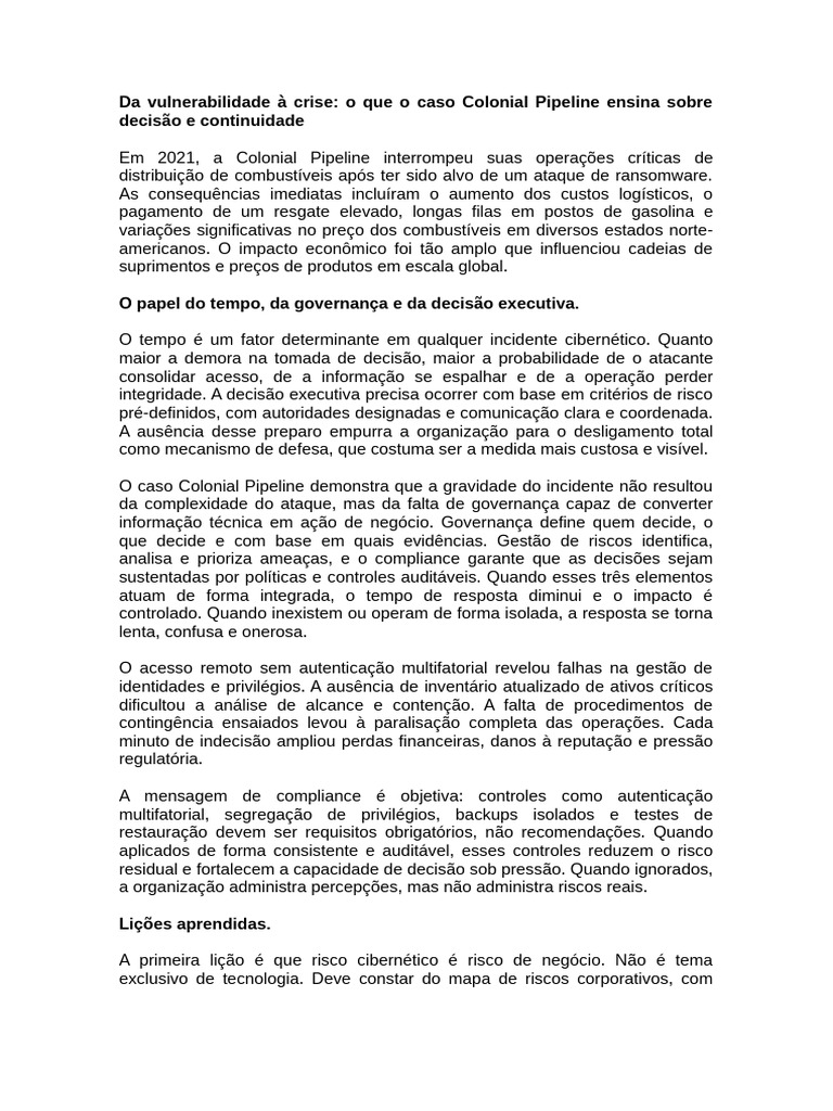 Lições do ataque à Colonial Pipeline | PDF | Governança | Avaliação de ...