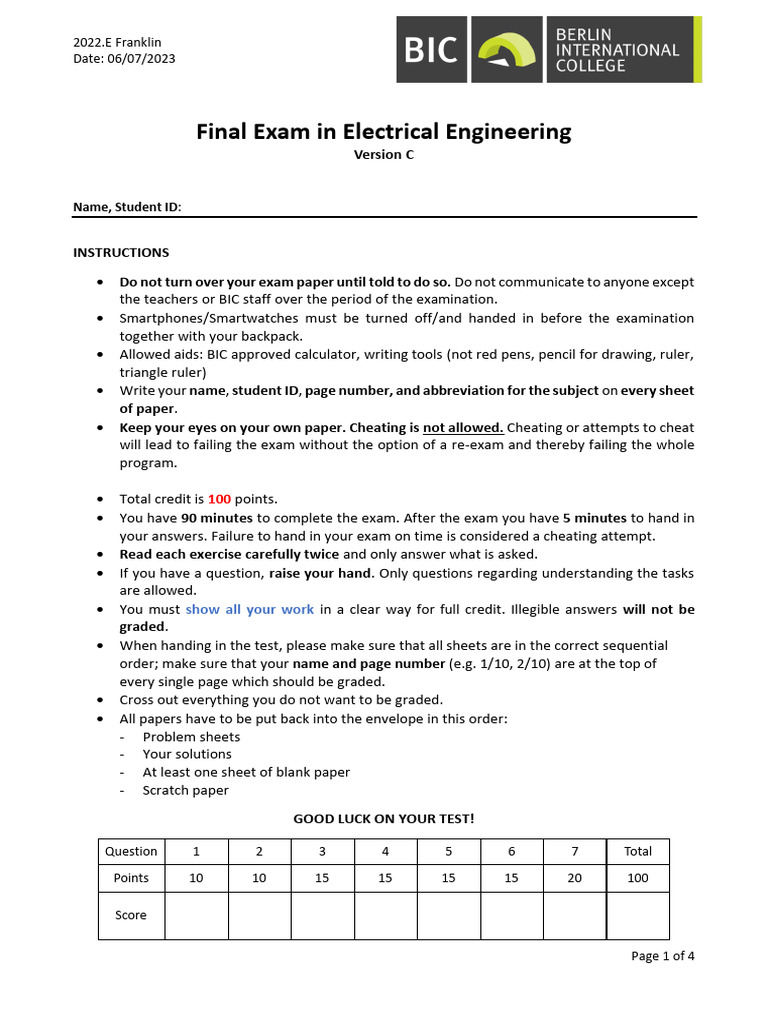 Electrical Engineering Final Exam 2023 | PDF | Electromagnetism ...