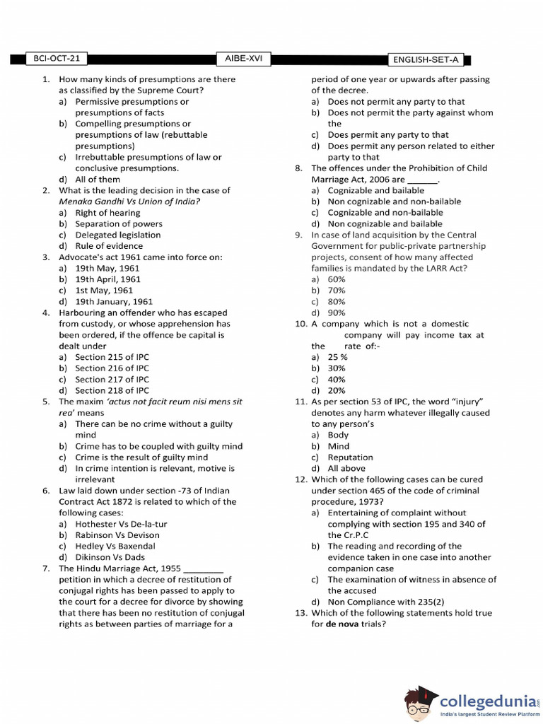 AIBE 16 Question Paper Set A | PDF