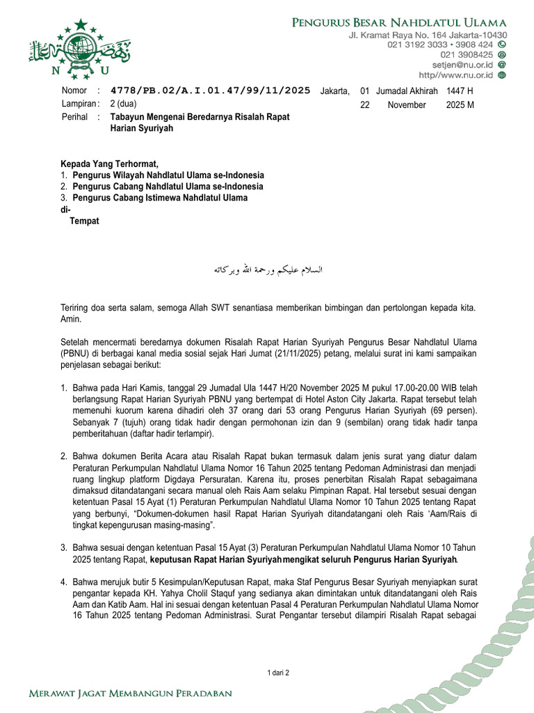 Surat Tabayyun Syuriyah Pbnu | PDF