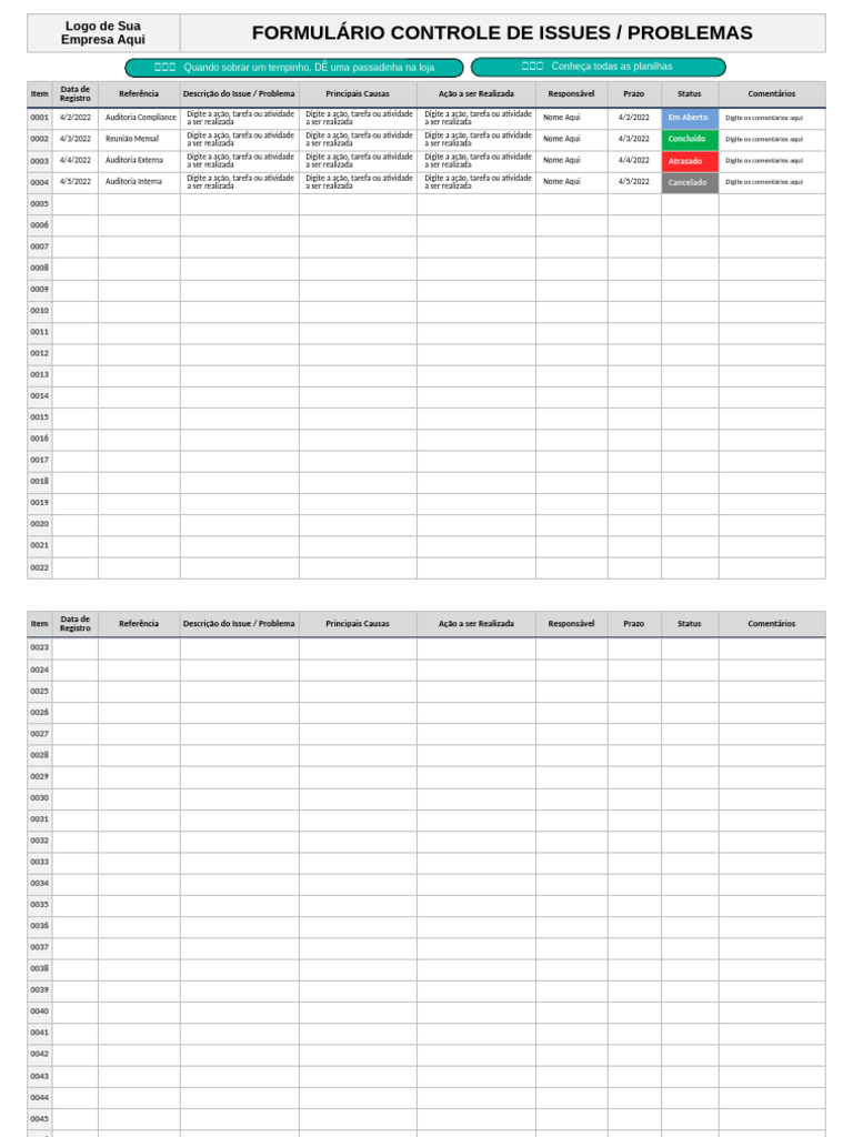 Controle de Issues e Problemas | PDF | Microsoft Excel | Planejamento ...
