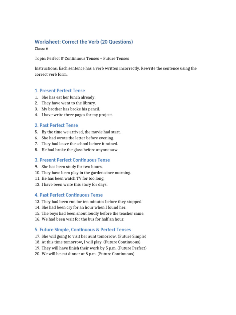 Correct The Verb Worksheet Class6 | PDF