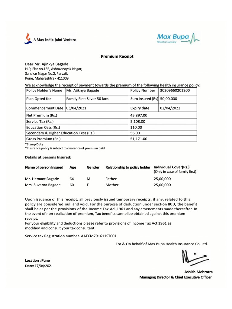 Max Bupa Health Insurance Premium Receipt | PDF | Taxes | Taxation
