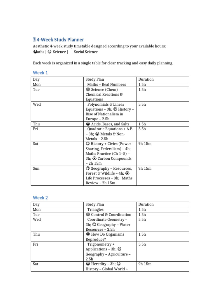 4-Week Study Planner Template | PDF | Trigonometry | Equations