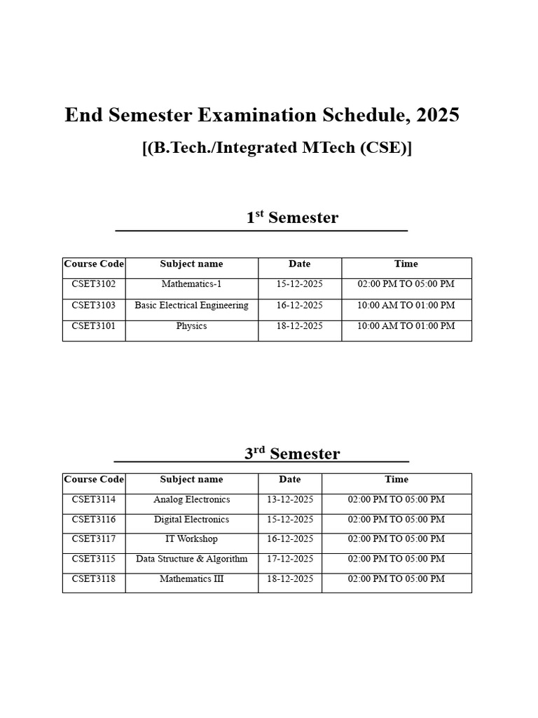 End Semester Examination Schedule 2025 | PDF | Engineering | Electrical ...