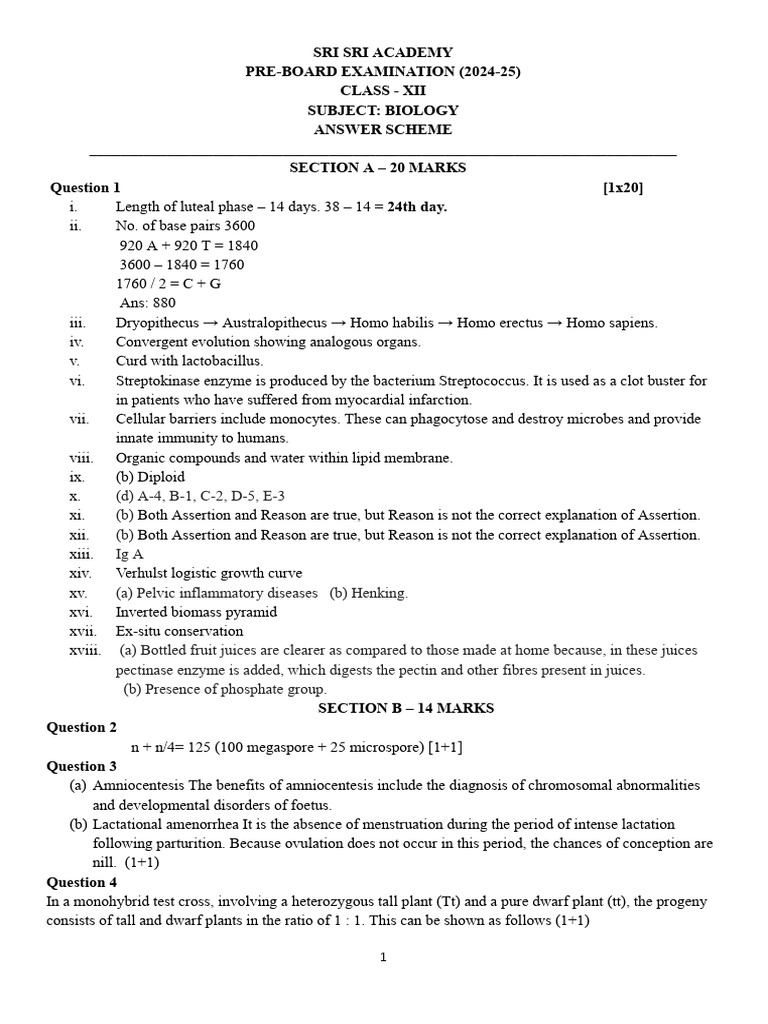 Class 12 Pre Board Ans Scheme | PDF | Dna Replication | Operon