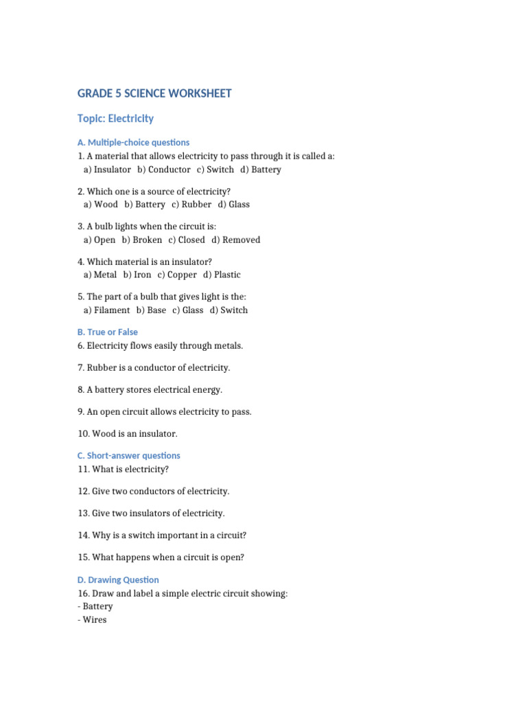 Grade 5 Electricity Worksheet | PDF